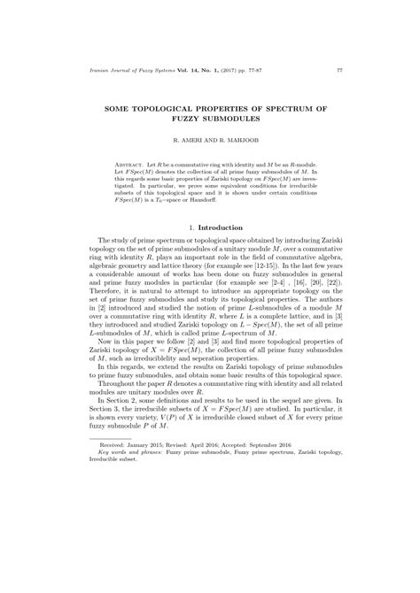 Pdf Some Topological Properties Of Spectrum Of Fuzzy Submodules