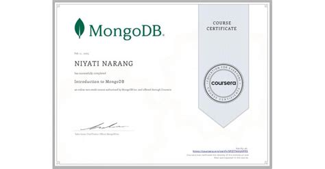 Completion Certificate For Introduction To Mongodb Niyati Narang