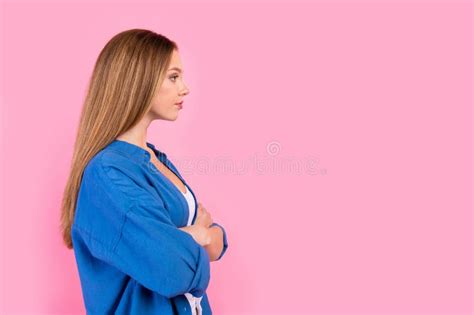 Photo Of Confident Cool Lady Dressed Blue Shirt Arms Crossed Looking