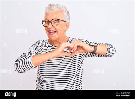 Senior Grey Haired Woman Wearing Striped Navy T Shirt Glasses Over