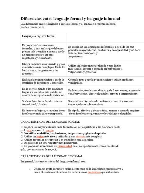 Diferencias Entre Lenguaje Formal Y Lenguaje Informal Pdf
