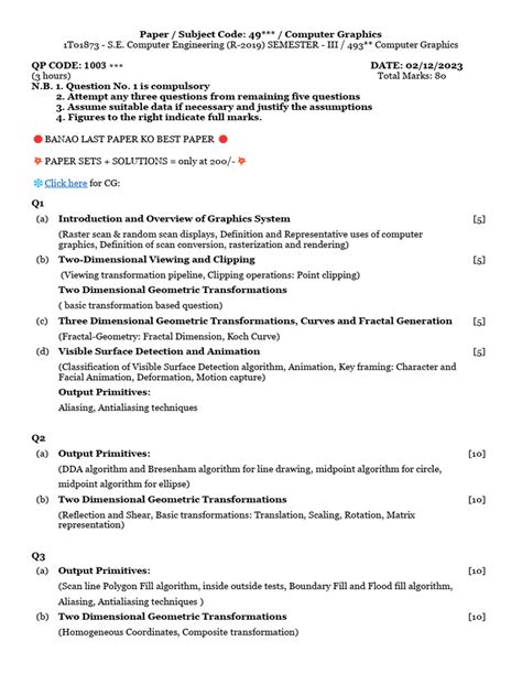 Mid Cg Model Paper Pdf 2 D Computer Graphics Computer Graphics