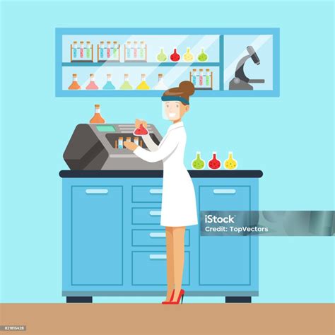 과학자 여자 실시 연구 실험실 과학 실험실의 인테리어에서 벡터 일러스트 레이 션 개념에 대한 스톡 벡터 아트 및 기타 이미지