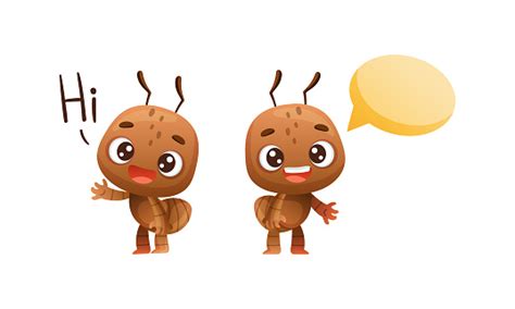 귀여운 갈색 작은 개미가 연설 거품으로 이야기하고 인사를합니다 일상 생활에서 재미있는 곤충 만화 벡터 일러스트 레이 션 곤충에