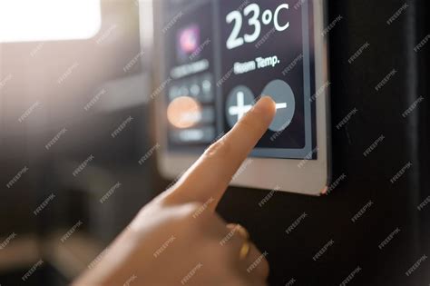 Premium Photo Smart Home System Wall And Woman Hands With Digital App Monitor For Thermostat