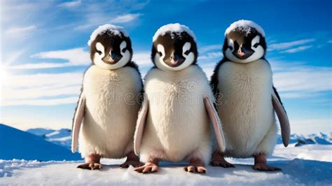 Three Penguins Standing Next To Each Other In The Snow Generative Ai Stock Image Image Of