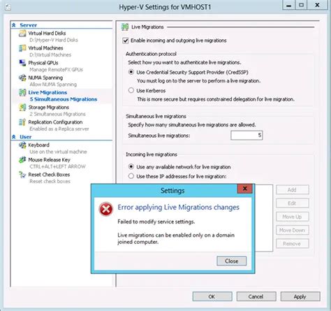 Error Applying Live Migrations Changes On Hyper V Techyv