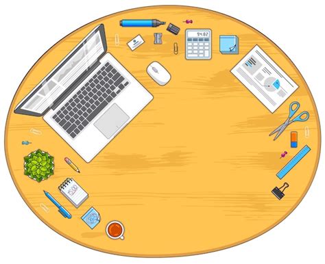 Pc 노트북 및 텍스트 복사 공간 작업을 위한 다양한 편지지 개체가 있는 목제 사무실 책상 작업 공간 상단 보기 모든 요소는