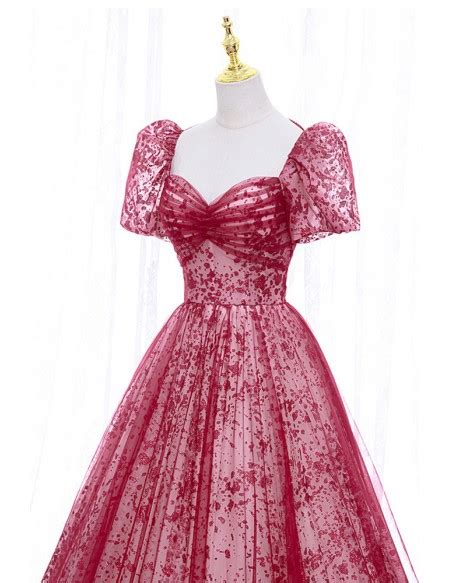 Burgundy Flowy Long Tulle Prom Dress With Sleeves Mx17042