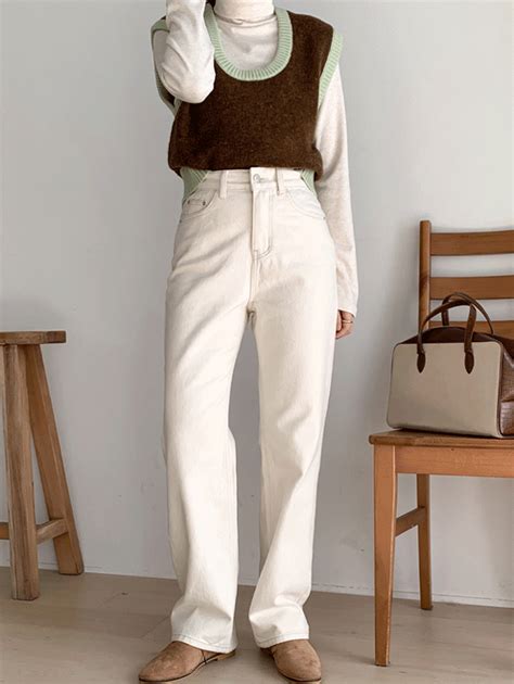 커믈리진 하이웨스트 롱 일자 데님 팬츠 양기모 크림진 위시버킷