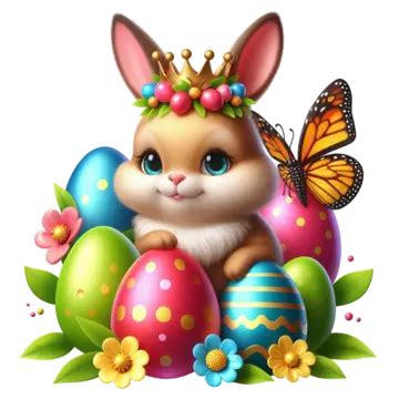 Happy Easter Bunny With Many Colorful Eggs Happy Easter Bunny With