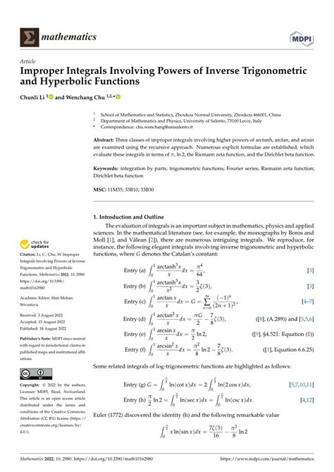 Pdf Improper Integrals Involving Powers Of Inverse Trigonometric And