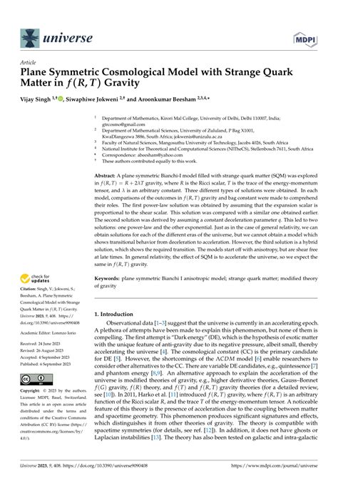 Pdf Plane Symmetric Cosmological Model With Strange Quark Matter In F R T Gravity