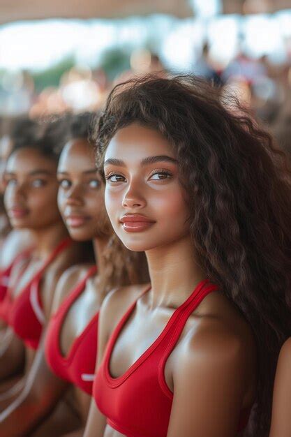 A Team Of African American Female Cheerleaders Smiling In The Stadium