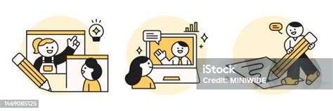 교육 개념 그림입니다 온라인으로 수업을 듣고 함께 공부하고 글을 쓰는 학생들 개념에 대한 스톡 벡터 아트 및 기타 이미지