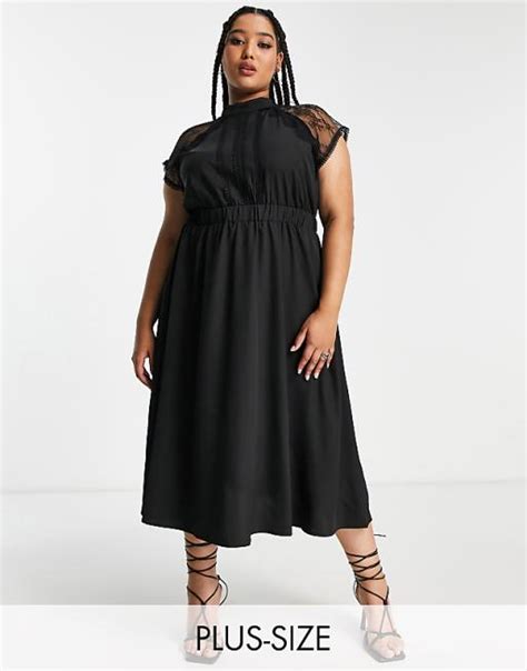 Liquorish Curve A Line Lace Detail Midi Dress In Black Asos