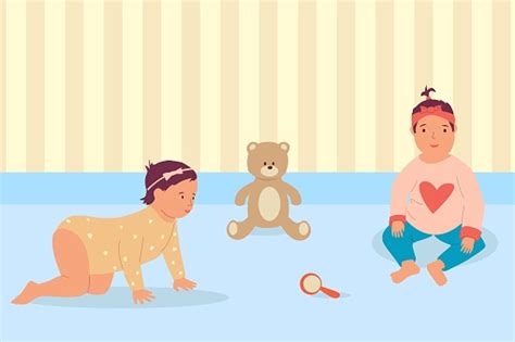 여자 아기 장난감을 가진 유아 딸들은 함께 게임을합니다 어린 아이들이 보육원 바닥에 앉아 있거나 기어 다니고 있습니다 장난