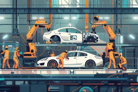 A Dynamic Illustration Depicting An Automotive Assembly Line With Workers And Robots Efficiently