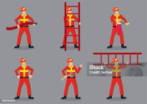 회색 배경에 절연 장비와 빨간색 유니폼 및 보호 헬멧에 소방 관 캐릭터 6 벡터 일러스트 레이 션의 집합입니다 소방관에 대한 스톡 벡터 아트 및 기타 이미지 Istock