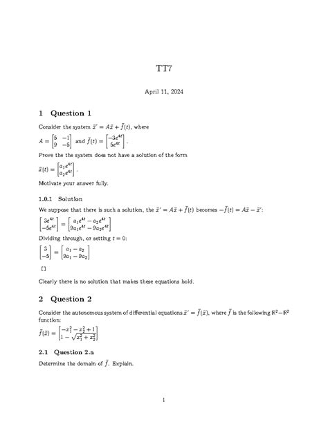 Tt7 2024 Tutorial 7 2024 Memo Tt April 11 2024 1 Question 1 Consider The System 𝑥̄′ 𝐴 ̄𝑥