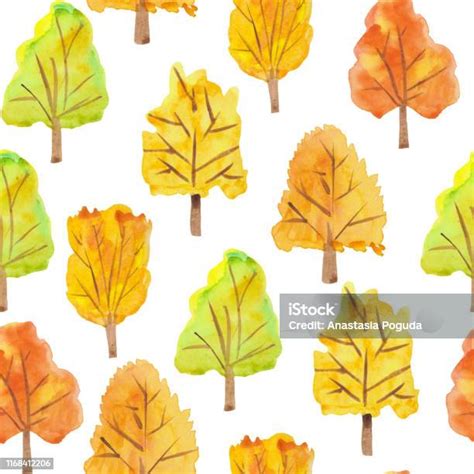 흰색 배경에 가을 여러 가지 색상의 나무의 원활한 패턴 인쇄 섬유 배경 화면 및 포스터수채색 일러스트레이션 0명에 대한 스톡 벡터 아트 및 기타 이미지 Istock