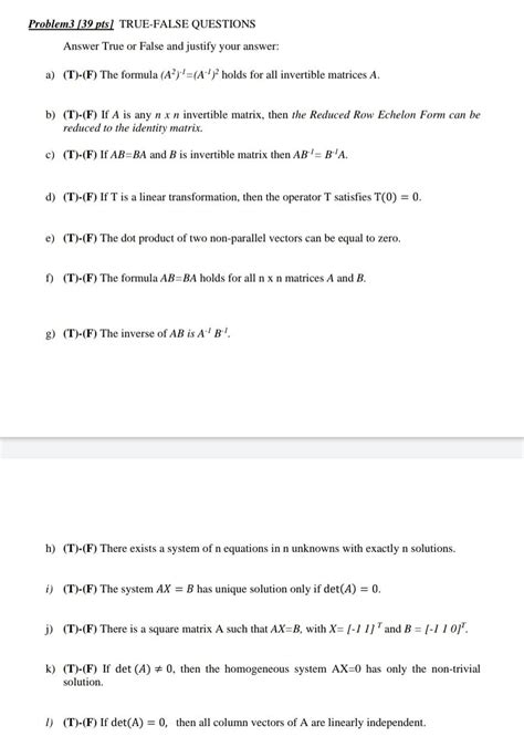 Solved Problem 3 [39 pts] TRUE-FALSE QUESTIONS Answer True | Chegg.com