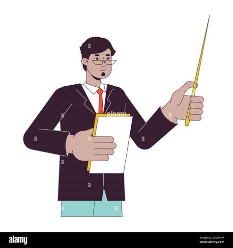 Classroom Adult Teacher Holding Pointer Stick Flat Line Color Vector Character Stock Vector