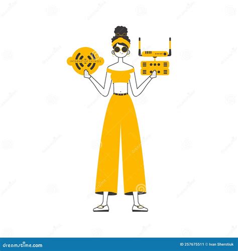 Woman Holding The Iot Logo In Her Hands Linear Trendy Style Isolated Vector Stock Vector