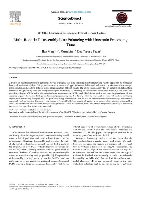 Pdf Multi Robotic Disassembly Line Balancing With Uncertain