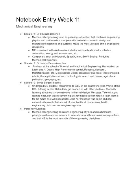 Notebook Entry Week 11 Me Is The Most Versatile Of The Engineering Disciplines Me Is Involved