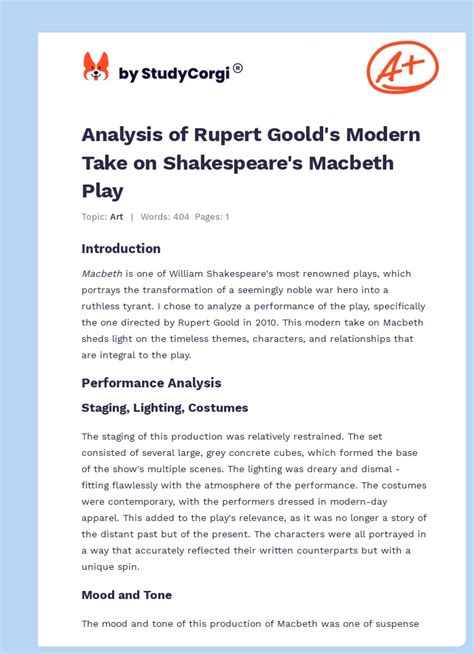 Analysis Of Rupert Goolds Modern Take On Shakespeares Macbeth Play Free Essay Example