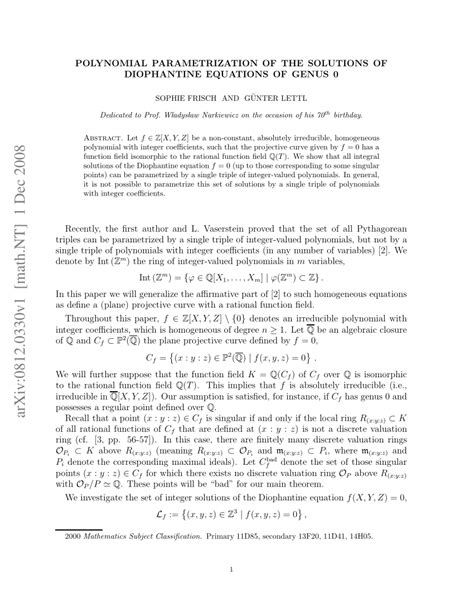 Pdf Polynomial Parametrization Of The Solutions Of Diophantine Equations Of Genus 0 Funct