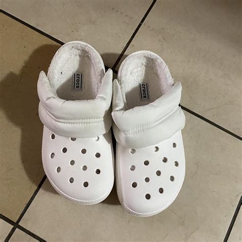 White Fuzzy Crocs Worn But Good Condition Puffy Straps Depop