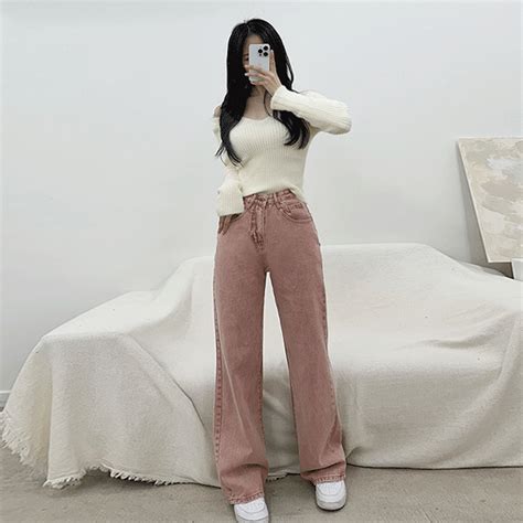 허니밀크티 S M L 핏보장 당출 키치 컬러 데님 롱 코튼 와이드팬츠 청바지