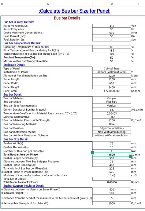 Busbar Size Calculation Excel