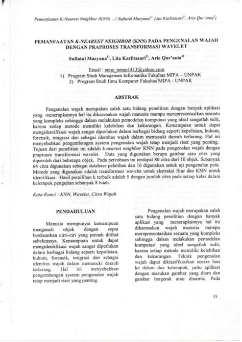 Pdf Pemanfaatan K Nearest Neighbor Knn Pada Pengenalan Wajah Dengan Praproses Transformasi