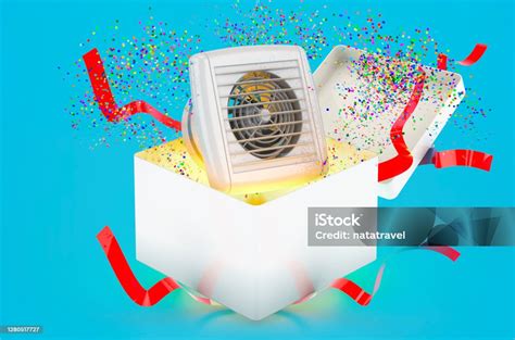 선물 상자 내부 욕실 또는 주방용 추출기 팬 파란색 배경의 3d 렌더링 놀라움에 대한 스톡 사진 및 기타 이미지 놀라움 디지털 생성 이미지 배기팬 Istock