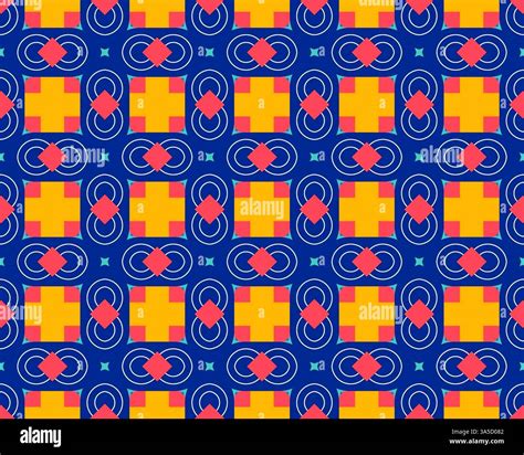A Vibrant Geometric Pattern Featuring Yellow Squares And Red Circles On A Blue Background With