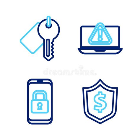 Set Line Shield With Dollar Mobile Closed Padlock Laptop Exclamation Mark And Marked Key Icon