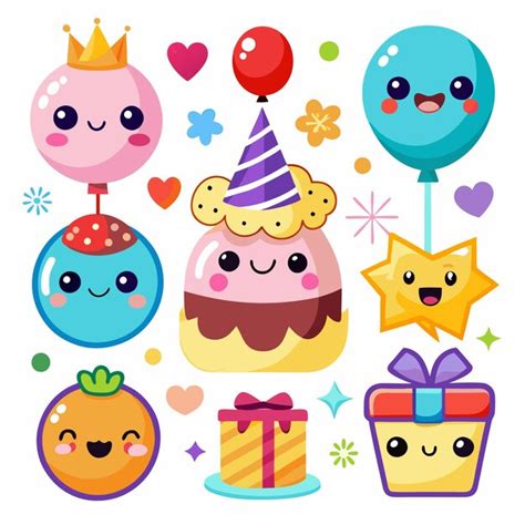 귀여운 만화 생일파티 축하 세트 프리미엄 Ai 생성 벡터