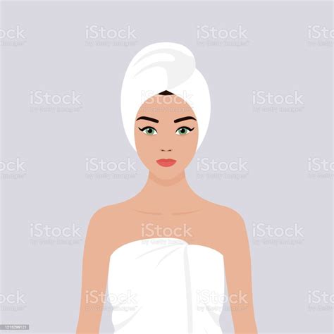 어린 유럽 소녀는 수건으로 감싸고 머리에 수건을 두르고 있습니다 벡터 스톡 플랫 일러스트 건강한 생활방식에 대한 스톡 벡터 아트