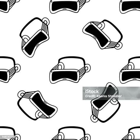 Vr 헤드셋 원활한 벡터 패턴입니다 안경 가상 또는 증강 현실의 헬멧 현대 기술 엔터테인먼트 장치 게임 3d보기 포장지 포장 웹에 대 한 배경 360도 촬영에 대한 스톡