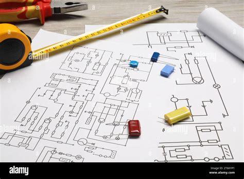 Wiring Diagrams And Tools On White Table Closeup Stock Photo Alamy