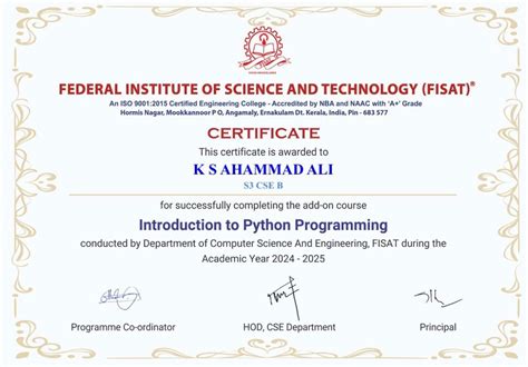 I Have Successfully Completed The Introduction To Python Programming Add On Course Conducted