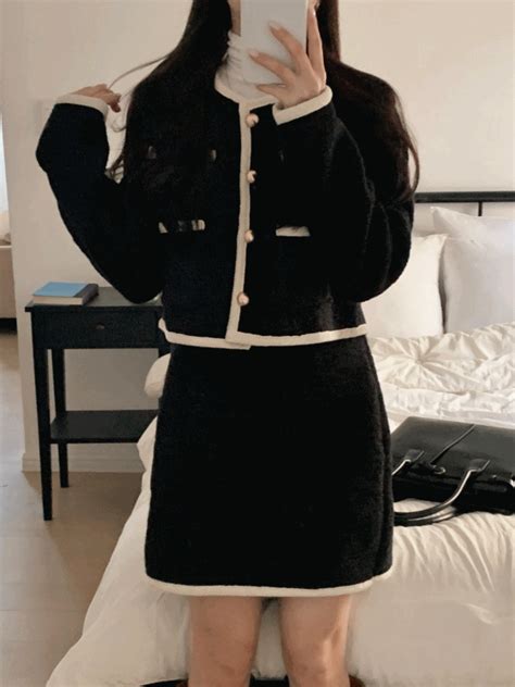 온마이원 연말룩하객룩set 마르 배색 뽀글이 트위드 자켓 스커트 투피스 세트 2color