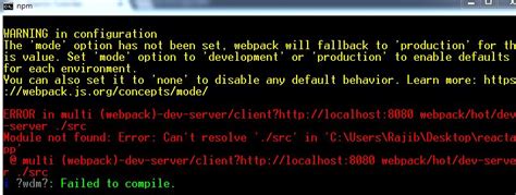 reactjs how can i fix failed to compile in npm for react application developing stack