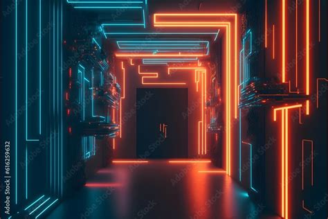 Abstract Neon Lights Into Sever Room Futuristic Technology Abstract
