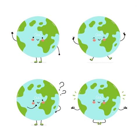 귀여운 행복 지구 행성 문자 집합 된 컬렉션입니다 흰색에 격리 벡터 만화 캐릭터 일러스트 디자인 간단한 평면 스타일 지구 산책 기차 생각 명상 개념 프리미엄