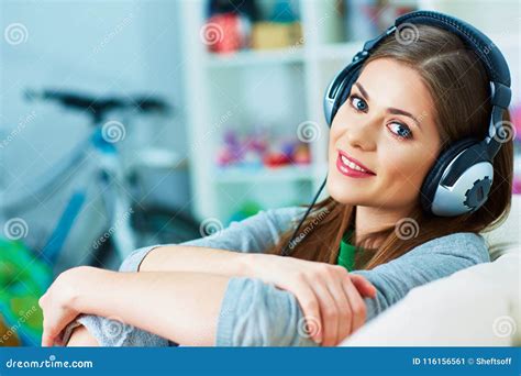 Smiling Woman Listening Music In Headphones Stock Image Image Of