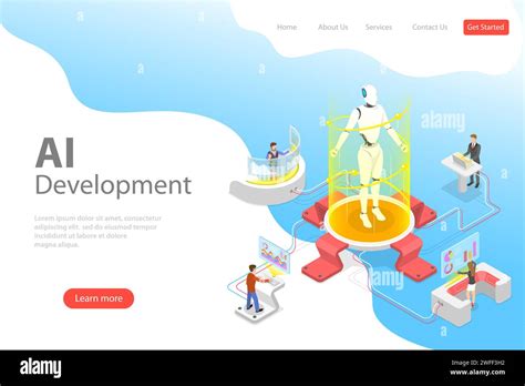 Flat Isometric Vector Landing Page Template Of AI Development Robot And Human Cooperation